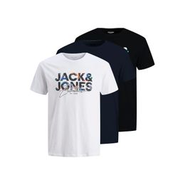 Jack & Jones Kurzarmshirt JACK & JONES "JJGEPLAS TEE SS CREW NECK 3PK MP", Herren, Gr. M, weiß (weiß pack:weiß(big), skycap(small), schwarz(big)), Jersey, Obermaterial: 100% Baumwolle, bedruckt, regular fit normal, Rundhals, Shirts