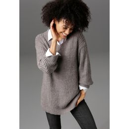 Longpullover Aniston CASUAL, Damen, Gr. 34, grau (grau, meliert), Grobstrick, Obermaterial: 100% Polyacryl, meliert, sehr weit Po-bedeckend, V-Ausschnitt, Strickb&uuml;ndchen, Pullover Longpullover, mit fixierten Umschlag an den langen &Auml;rmeln