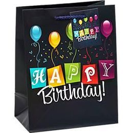 Geschenktüte TSI Happy Birthday, Format A5, mit Tragekordel und Beschriftungskärtchen, B 180 x T 100 x H 230 mm, PP-Folie, schwarz, 3 Stück