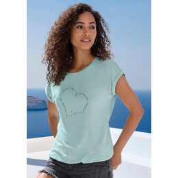 Lascana Kurzarmshirt gr&uuml;n Gr. 48/50 f&uuml;r Damen. Rundhals und Print. Figurumspielend. Nachhaltig.