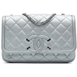 Chanel Hobo Bags - Small Quilted Metallic Caviar CC Filigree Flap - Gr. unisize - in Silber - f&uuml;r Damen