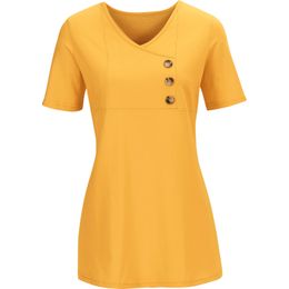 CR&Eacute;ATION L Damen Tunikashirt mit Zierkn&ouml;pfen in Holz-Optik senfgelb Gr&ouml;&szlig;e 56