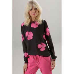 Aniston SELECTED Schlupfbluse mit Bl&uuml;tendruck und gestreiften B&uuml;ndchen schwarz-pink-braun 42 42 Damenbluse mit aufgedruckten, pinken Bl&uuml;ten -...