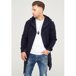 Strickjacke behype "JAROMIR", Herren, Gr. L, blau (dunkelblau), 100% Polyacryl, unifarben, lang, ohne Ausschnitt, Strickjacken, mit kuscheliger Kapuze