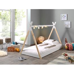 Kinderbett Vipack "Tipi, mit Querstange in Zelt-Optik, Kiefer massiv", braun (kiefer massiv weiß lackiert, natur), B:107cm H:134cm L:206cm, Betten, Bodenfreiheit 1,5 cm für bessere Belüftung