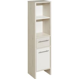 Midischrank SAPHIR "Quickset 350 Badschrank 33 cm breit, 1 Tür, 1 Schublade, 2 Regalfächer", beige (pinie ida hell, weiß glanz), B:33cm H:136,2cm T:28cm, Spanplatte, Schränke, Midischrank, Badezimmer-Midischrank Pinie Ida hell, Griffe alufarbig