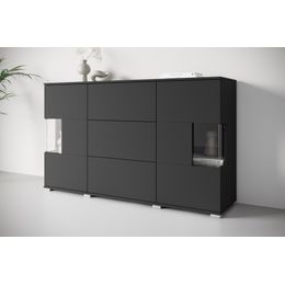 Sideboard Inosign "Kenia", schwarz (graphite schwarz matt), B:150cm H:89cm T:39,5cm, FSC-zertifizierter Holzwerkstoff, Glas, Hartfaserplatte, Kunststoff, Sideboards, Sideboard mit 3 Schubladen, 6 Fächern, Glastüren, Breite 150 cm