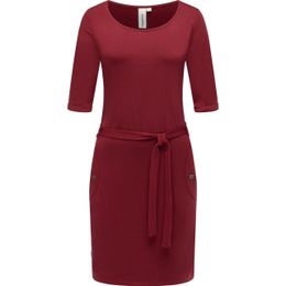 Jerseykleid Ragwear "Kenisha", Damen, Gr. L (40), Normalgrößen, rot (weinrot), Material: 67% Polyester, 28% Viskose, 5% Elasthan, figurumspielend knielang, Rundhals, Krempelärmel abgesteppte Kante krempelbar, Kleider, Elastisches Midikleid mit Taillengürtel