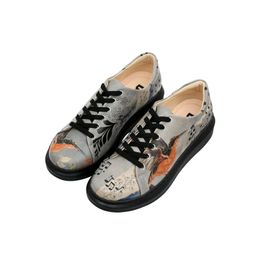 Plateausneaker DOGO "Myra Low-Top Sneaker Birds Chirping Damen Sneaker", Damen, Gr. 36, Normalschaft, grau, Lederimitat, Schuhe Skaterschuh Schn&uuml;rschuh Sneaker low, Handgefertigt