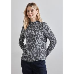 Langarmshirt Street One, Damen, Gr. 40, grau (echo grau), Stoff, 75% Viskose, 20% Polyester, 5% Elasthan, animal-print, normal normal, hoch geschlossener Ausschnitt, B&uuml;ndchen, Shirts Langarmshirt, mit Leomuster