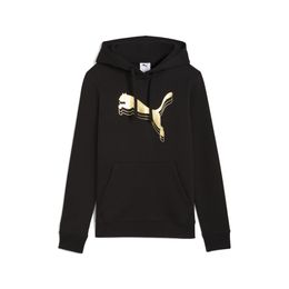Hoodie Puma "ESS METALLIC Hoodie Damen", Damen, Gr. XS, schwarz metallic gold, Obermaterial: 32% Polyester, 68% Baumwolle; Kapuzenfutter: 100% Baumwolle; Rippe: 3% Elasthan, 97% Baumwolle, normal, Sweatshirts Hoodie