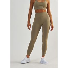 Trainingstights BESHAPED "Sportschool koningin", Damen, Gr. XS, US-Gr&ouml;&szlig;en, grau (taupe), 90% Nylon, 10% Elasthan, unifarben, lang, Hosen, mit hohem Bund