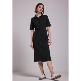 Midikleid STREET ONE STUDIO, Damen, Gr. 44, EURO-Gr&ouml;&szlig;en, schwarz, Web, 48% Baumwolle, 47% Polyester, 5% Elasthan, unifarben, gerade wadenlang, V-Ausschnitt, B&uuml;ndchen, Kleider Midikleid, mit Knopfleiste