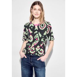 T-Shirt Cecil, Damen, Gr. M (40), schwarz, Web, 50% Modal, 50% Baumwolle, bedruckt, gerade h&uuml;ftlang, V-Ausschnitt, B&uuml;ndchen, Shirts T-Shirt, mit geschlitztem Rundhalsausschnitt