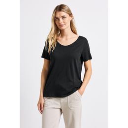 V-Shirt Street One, Damen, Gr. 34, schwarz (arona blau, schwarz), Web, 50% Baumwolle, 50% Modal, unifarben, normal normal, V-Ausschnitt, Bündchen, Shirts, im soften Baumwoll-Mix