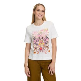 Kurzarmshirt Cartoon "Damen Printshirt mit Rundhalsausschnitt", Damen, Gr. 34, beige (patch cream, rosé), Obermaterial: 100% Baumwolle., loose fit normal, Rundhals, Shirts, Pailletten