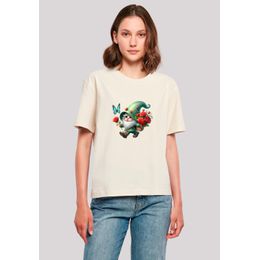 T-Shirt F4NT4STIC "Gnom Frühling Blumen Schmetterling", Damen, Gr. L, weiß (sandweiß), Obermaterial: 100% Baumwolle, oversize, Rundhals, ohne Bündchen, Shirts, Premium Qualität