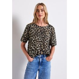 Shirtbluse Street One, Damen, Gr. 34, schwarz, Web, 60% Leinen, 40% Baumwolle, bedruckt, normal normal, Rundhals, abgesteppt, Blusen, mit Tunnelzugsaum