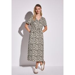 Midikleid Street One, Damen, Gr. 36, EURO-Gr&ouml;&szlig;en, beige (moonstone sand), Stoff, 100% Viskose, bedruckt, gerade wadenlang, Rundhals, B&uuml;ndchen, Kleider Midikleid, mit Tunnelzug an der Taille