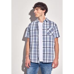 Kurzarmhemd Street One MEN, Herren, Gr. S38, US-Gr&ouml;&szlig;en, blau (light blau), Web, 100% Baumwolle, kariert, normal normal, V-Ausschnitt, B&uuml;ndchen, Hemden, mit Knopfleiste