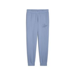 Sporthose Puma "Essentials Script Jogginghose Damen", Damen, Gr. L, Normalgrößen, blau (cool blau), 68% Baumwolle, 32% Polyester, bedruckt, regular fit, Hosen