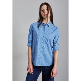 Langarmbluse Street One, Damen, Gr. 42, blau (silber lake blau), Web, 79% Baumwolle, 19% Nylon, 2% Elasthan, gestreift, gerade normal, V-Ausschnitt, Bündchen, Blusen, im soften Baumwoll-Mix