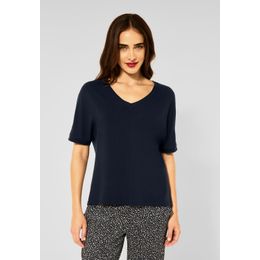 T-Shirt Street One, Damen, Gr. 36, blau (grand blau), Stoff, Vorderseite: 100% Viskose. R&uuml;ckseite: 95% Viskose, 5% Elasthan, unifarben, normal h&uuml;ftlang, V-Ausschnitt, gerader Abschluss, Shirts T-Shirt, mit Materialmix