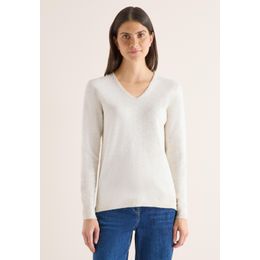 Strickpullover Cecil, Damen, Gr. M (40), eggshell melange, Web, 37% Baumwolle, 34% Polyacryl, 26% Polyester, 3% Elasthan, unifarben, normal normal, V-Ausschnitt, abgesteppt, Pullover Strickpullover, aus Feinstrick