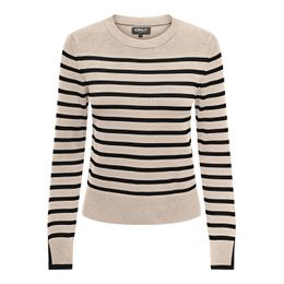 Rundhalspullover Only "ONLKALANA LS O-NECK KNT NCA", Damen, Gr. L, beige (weißcap gray stripes:schwarz), Strick, Obermaterial: 73% Viskose, 27% Polyester, gestreift, slim fit hüftlang, Rundhals, Pullover