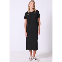 Midikleid STREET ONE STUDIO, Damen, Gr. 36, EURO-Größen, schwarz, Web, 95% Baumwolle, 5% Elasthan, unifarben, normal wadenlang, Rundhals, abgesteppt, Kleider, mit Rundhalsausschnitt