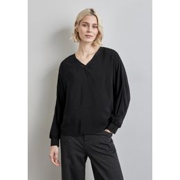 Langarmbluse Street One, Damen, Gr. 42, schwarz, Stoff, 100% Viskose, unifarben, normal normal, V-Ausschnitt, B&uuml;ndchen, Blusen, mit V-Ausschnitt