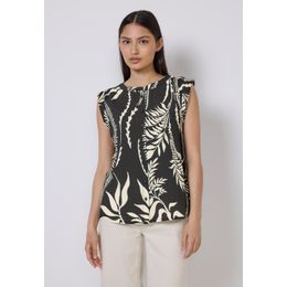 Blusentop STREET ONE STUDIO, Damen, Gr. 34, schwarz, Stoff, 88% Viskose, 12% Polyamid, bedruckt, normal normal, Rundhals, R&uuml;schen, Blusen Blusentop, mit Knopfleiste