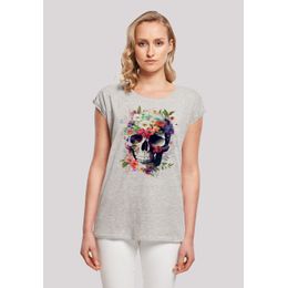 T-Shirt F4NT4STIC "Totenkopf Blumen", Damen, Gr. S, grau (erdgrau), Obermaterial: 100% Baumwolle, regular fit, Rundhals, ohne Bündchen, Shirts, Print