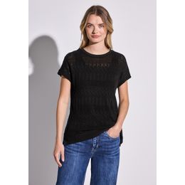 T-Shirt Street One, Damen, Gr. 36, schwarz, Web, 50% Baumwolle, 50% Polyacryl, unifarben, comfort fit normal, U-Boot-Ausschnitt, B&uuml;ndchen, Shirts T-Shirt, im angenehmen Materialmix