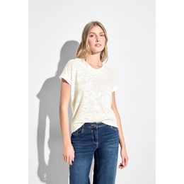 T-Shirt Cecil, Damen, Gr. XL (44), wei&szlig; (vanillewei&szlig;), Stoff, 63% Polyester, 34% Viskose, 3% Elasthan, gemustert, gerade h&uuml;ftlang, V-Ausschnitt, B&uuml;ndchen, Shirts T-Shirt, mit dekorativem Lochmuster