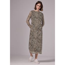 Midikleid STREET ONE STUDIO, Damen, Gr. 42, EURO-Gr&ouml;&szlig;en, braun (creamy braun), Stoff, Obermaterial: 95% Polyester, 5% Elasthan; Unterkleid: 100% Viskose, animal-print, normal wadenlang, U-Boot-Ausschnitt, B&uuml;ndchen, Kleider Midikleid, mit dekorativen N&auml;hten auf der Front