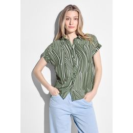 Kurzarmbluse Cecil, Damen, Gr. XL (44), grün (cool khaki), Stoff, 100% Viskose, gestreift, gerade hüftlang, V-Ausschnitt, Bündchen, Blusen, mit Knopfleiste