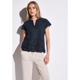 Shirtbluse Street One, Damen, Gr. 34, blau (tiefblau), Web, 100% Baumwolle, unifarben, normal normal, Rundhals, abgesteppt, Blusen, aus reiner Baumwolle