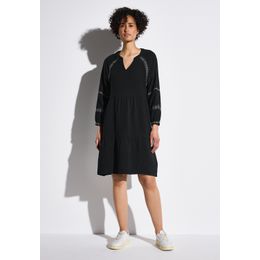 Tunikakleid Street One, Damen, Gr. 34, EURO-Gr&ouml;&szlig;en, schwarz, Web, 100% Baumwolle, unifarben, normal knieumspielend, Rundhals, B&uuml;ndchen, Kleider, aus 100% Baumwolle