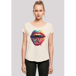 T-Shirt F4NT4STIC "Drooling Lips LONG TEE", Damen, Gr. L, beige (sandwei&szlig;), Obermaterial: 100% Baumwolle, regular fit, Rundhals, ohne B&uuml;ndchen, Shirts T-Shirt, Print
