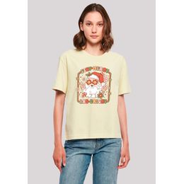 T-Shirt F4NT4STIC "Stay Merry And Bright Hippie Santa", Damen, Gr. L, gelb (softgelb), Obermaterial: 100% Baumwolle, oversize, Rundhals, ohne Bündchen, Shirts, Premium Qualität, Weihnachts-Kollection