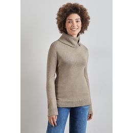 Rollkragenpullover Street One, Damen, Gr. 42, beige (mocha glow meliert), Stoff, 52% Viskose, 28% Polyester, 20% Nylon, unifarben, normal normal, hoch geschlossener Ausschnitt, B&uuml;ndchen, Pullover Rollkragenpullover, mit Knopf Details