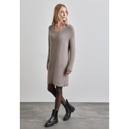 Strickkleid Street One, Damen, Gr. 44, EURO-Größen, beige (mocha beige meliert), Stoff, 51% Viskose, 30% Polyester, 19% Nylon, unifarben, normal knielang, V-Ausschnitt, Bündchen, Kleider, knielang