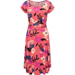 Sommerkleid Ragwear "Yvone Flowers", Damen, Gr. L (40), Normalgrößen, rot (coral), 95% Viskose, 5% Elasthan, figurumspielend knieumspielend, Rundhals, Ärmel ohne Ärmelschlitz Umschlagbund mit Knöpfen, Kleider, Leichtes Jersey-Kleid mit Taillengürtel