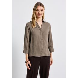 Hemdbluse Street One, Damen, Gr. 46, braun (bark braun), Web, 100% Baumwolle, unifarben, normal normal, V-Ausschnitt, B&uuml;ndchen, Blusen Hemdbluse, aus reiner Baumwolle