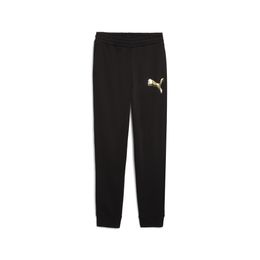 Sporthose Puma "Essentials Metallic Jogginghose Damen", Damen, Gr. XL, Normalgr&ouml;&szlig;en, schwarz (schwarz metallic gold), Obermaterial: 68% Baumwolle, 32% Polyester; Taschenfutter: 100% Baumwolle; Rippe: 97% Baumwolle, 3% Elasthan, unifarben, regular fit, Hosen Sporthose
