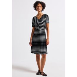 Jerseykleid Street One, Damen, Gr. 40, EURO-Gr&ouml;&szlig;en, schwarz, Jersey, 95% Viskose, 5% Elasthan, gestreift, normal knielang, V-Ausschnitt, B&uuml;ndchen, Kleider Jerseykleid, knielang