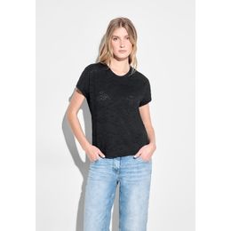 T-Shirt Cecil, Damen, Gr. M (40), schwarz, Stoff, 63% Polyester, 34% Viskose, 3% Elasthan, gemustert, gerade h&uuml;ftlang, V-Ausschnitt, B&uuml;ndchen, Shirts T-Shirt, mit dekorativem Lochmuster