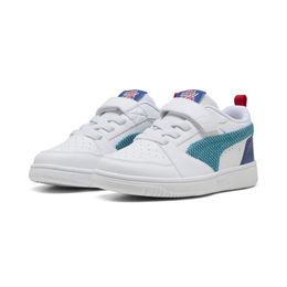Sneaker Puma "Rebound V6 Low Run Fun Sneakers Kinder", Kinder, Gr. 32, wei&szlig; (wei&szlig; tropical blau clyde royal), Obermaterial: Synthetik, Textil; Futter: Textil; Innensohle: Textil; Laufsohle: Gummi, Schuhe Sneaker