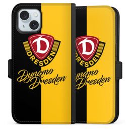 DeinDesign iPhone 15 Handy Klapph&uuml;lle Handyh&uuml;lle aus Kunst Leder schwarz Flip Case Sg Dynamo Dresden Official Licensed Product Sgd Sideflip mit Lasche